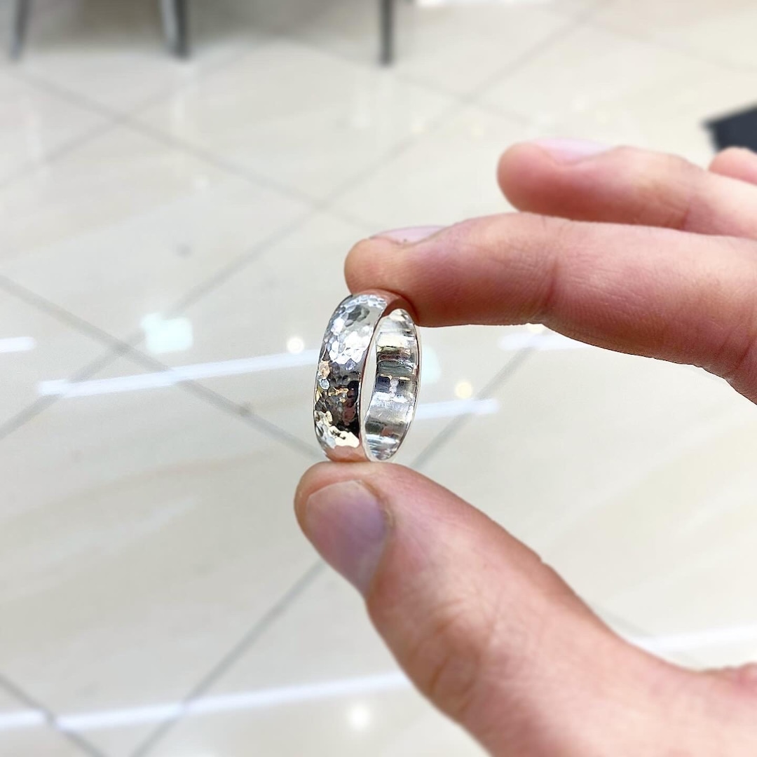 999 Silver Ring Hammered for Men and Women Pure Silver Wedding Band 7mm ...