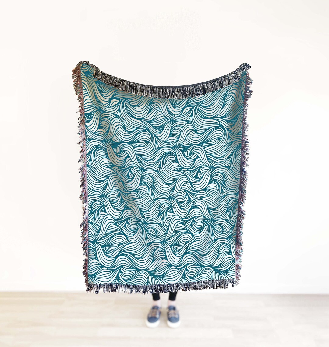 Minimalist Wave Blanket, Blue Wave Blanket,japanese Waves, Housewarming ...