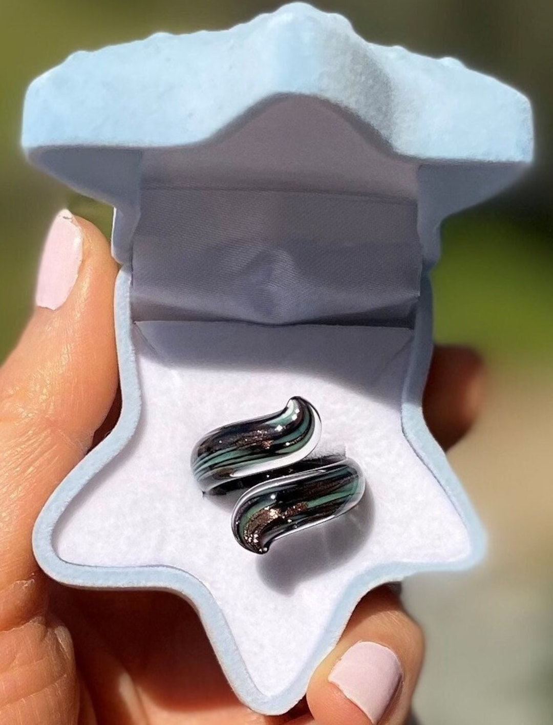 Handmade Murano Glass Snake Ring: Black Band With Turquoise Bronze ...
