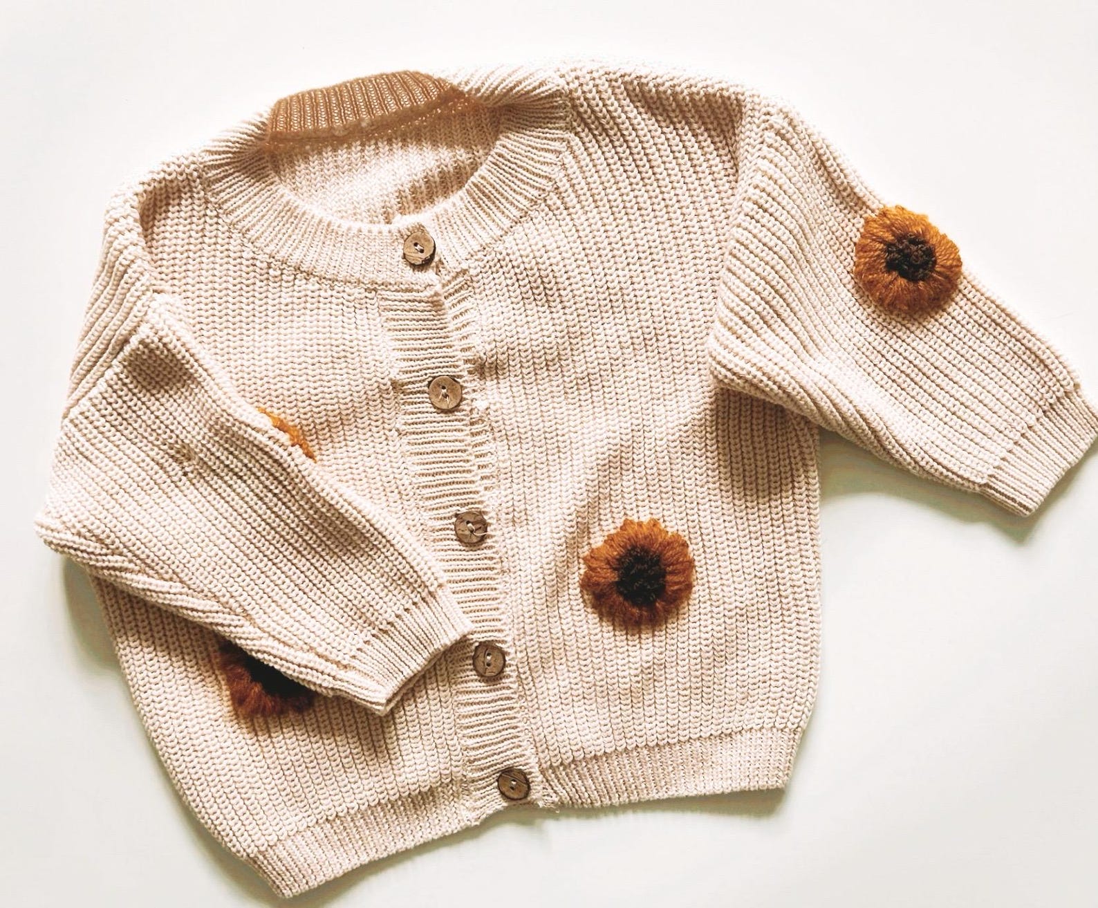 Sunflower Hand Embroidered Baby Knitted Cardigan, Baby Custom Name Knit ...