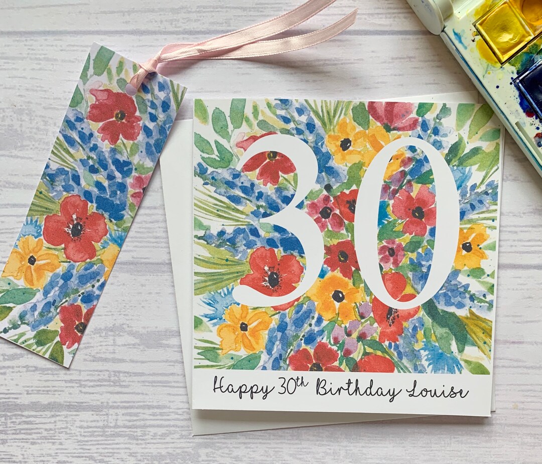 30th Birthday Personalised Card and Pretty Gift Tag. Colourful Flowers ...
