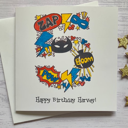 Superhero Personalised 5th Birthday Card . Cartoon Style | Etsy