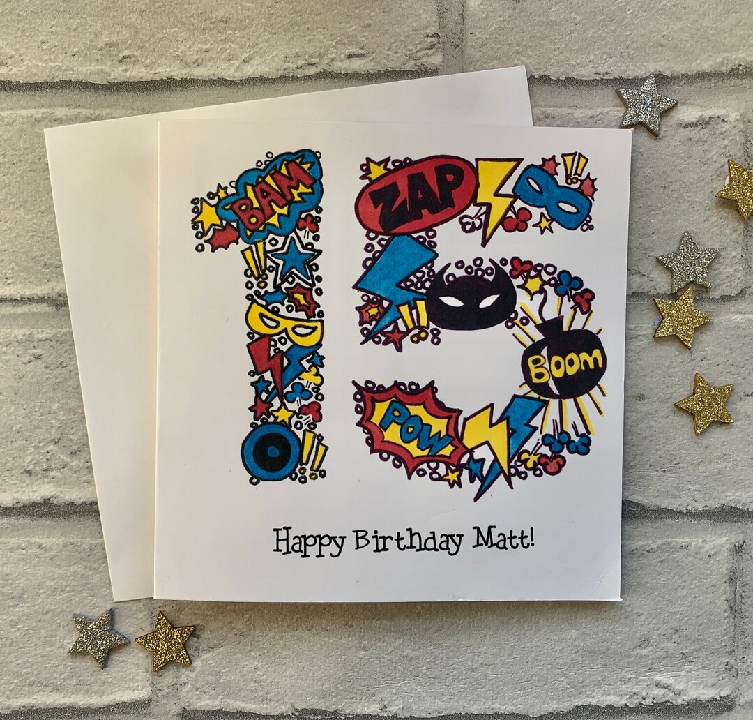 Superhero Personalised 15th Birthday Card . Cartoon Style Watercolour ...