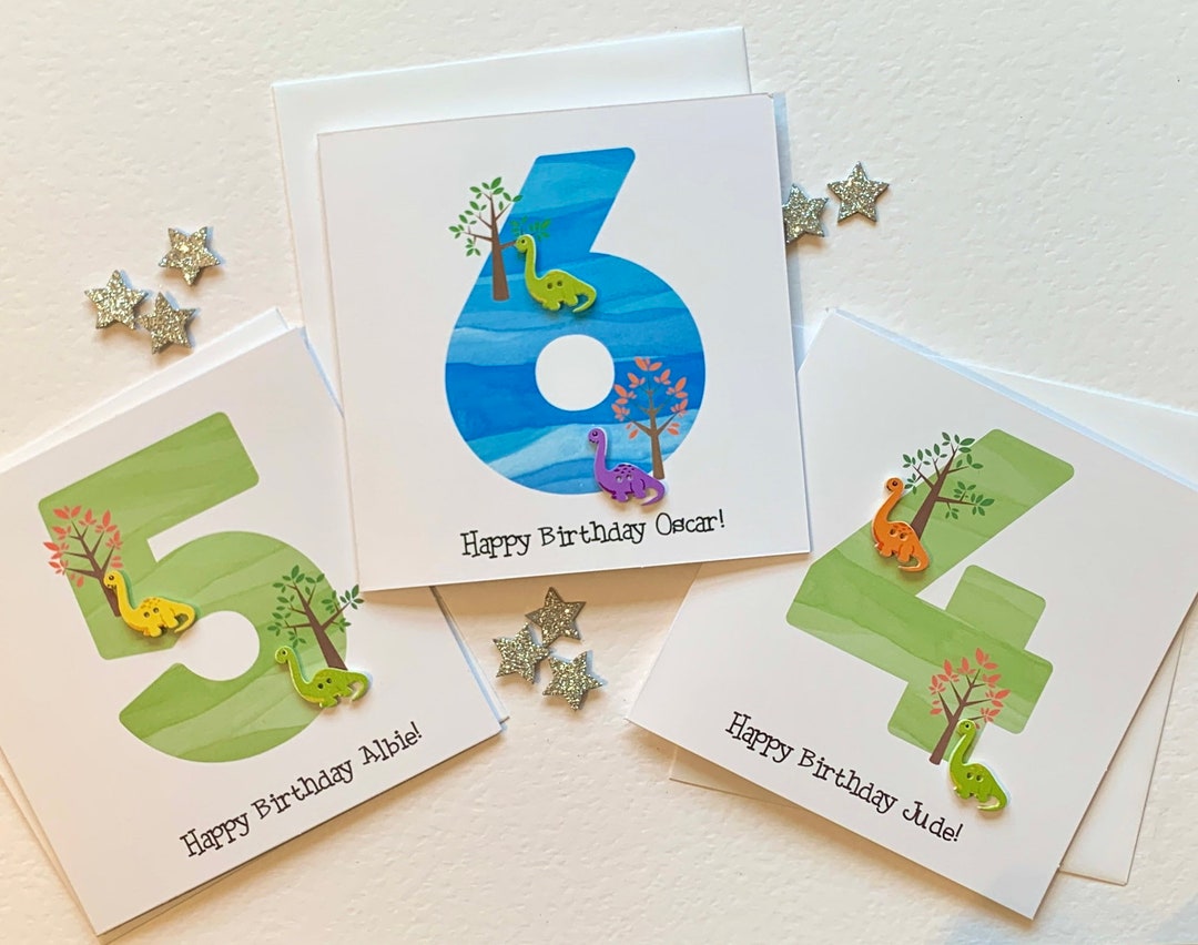 Dinosaur Personalised Numbered Birthday Card. Watercolour Illustration ...