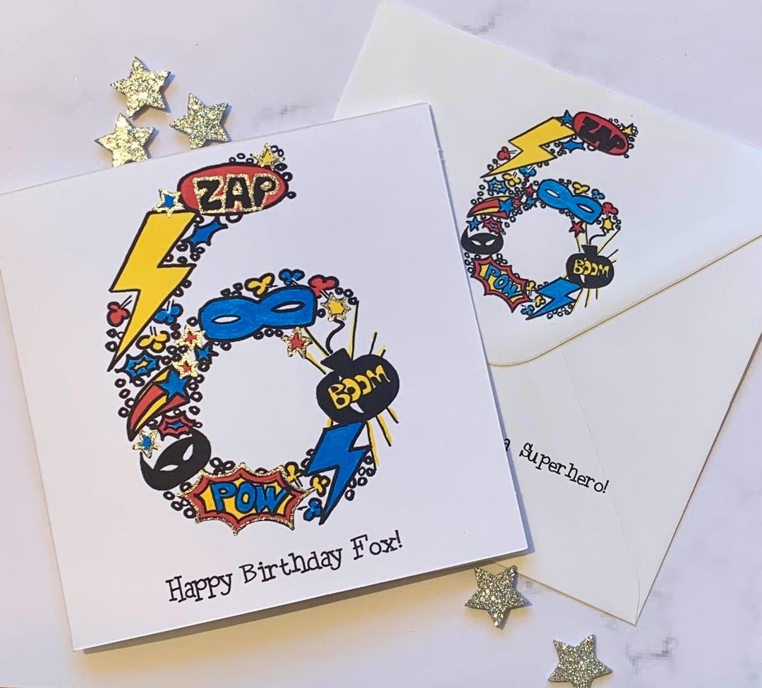 Personalized Superhero 6th Birthday Card: Watercolor Cartoon - Etsy UK