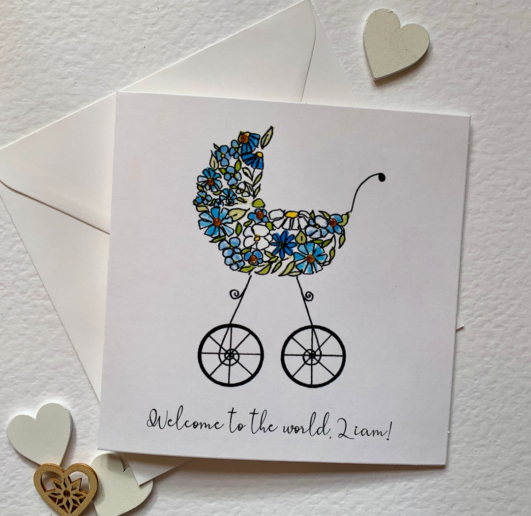 Baby Boy Card: Floral Pram, Welcome to the World - Etsy