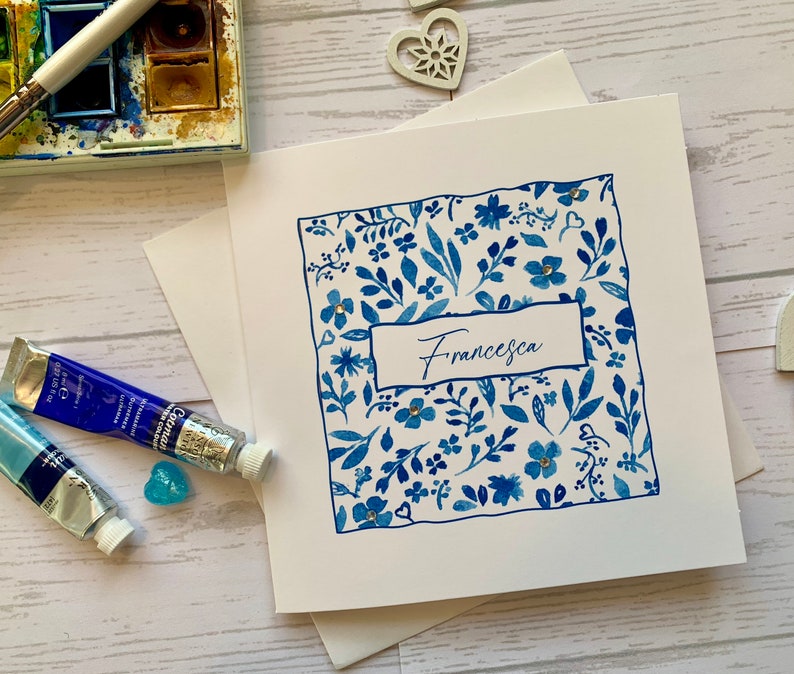 Personalized Birthday Card: Blue Watercolor Floral Gemstone Card - Etsy