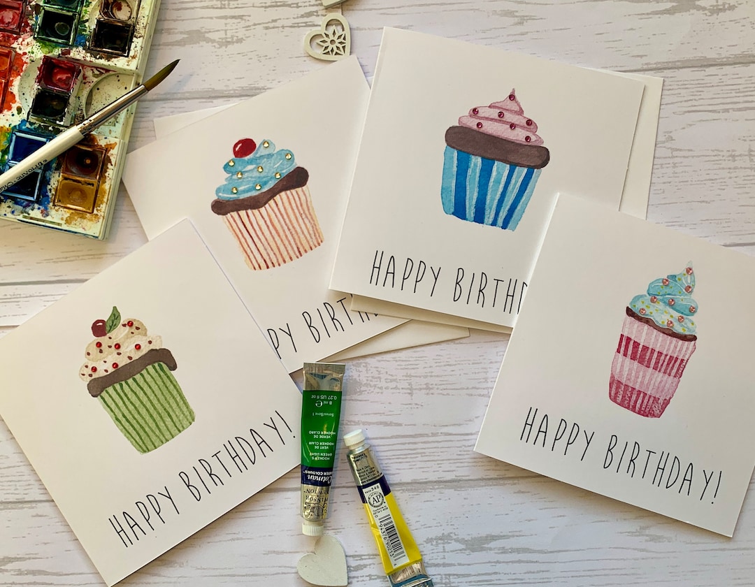 Watercolor Cupcake Birthday Cards With Sparkling Gemstones - Set of 4 ...