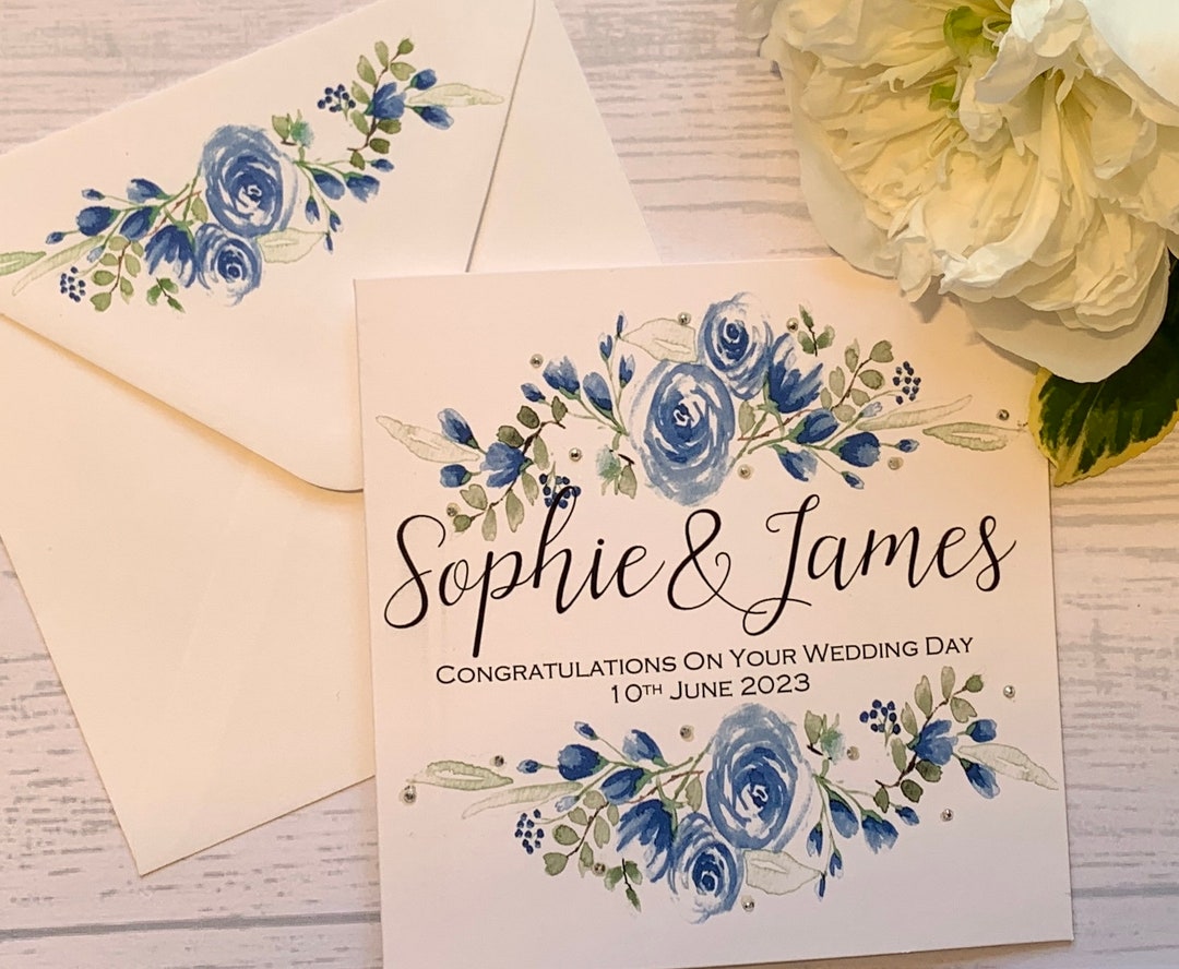 Personalised Wedding Card With Navy Blue Flowers and Delicate ...