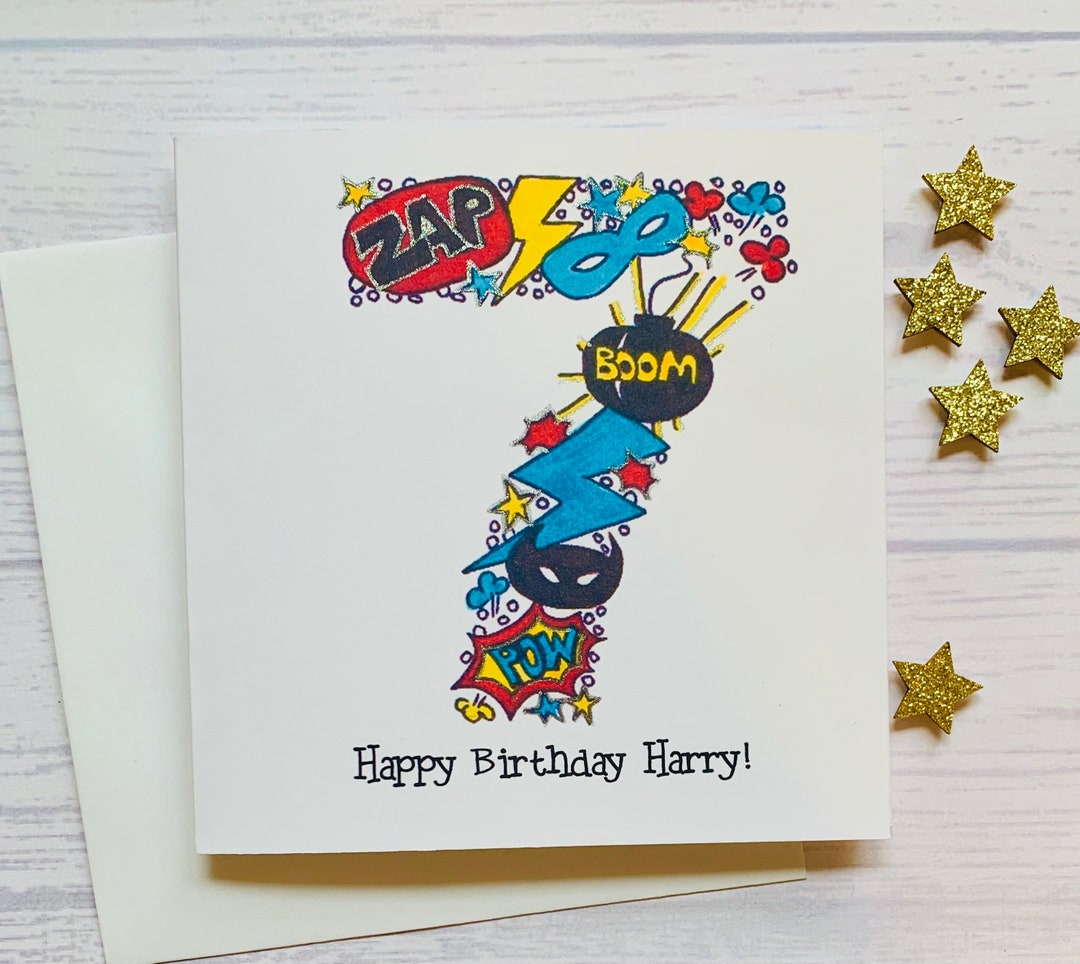 Personalized Superhero 7th Birthday Card: Watercolor Cartoon - Etsy