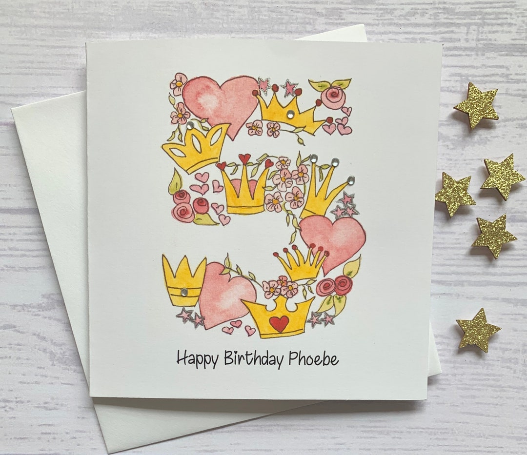 Princess Personalised 5th Birthday Card . Cartoon Style Watercolour ...