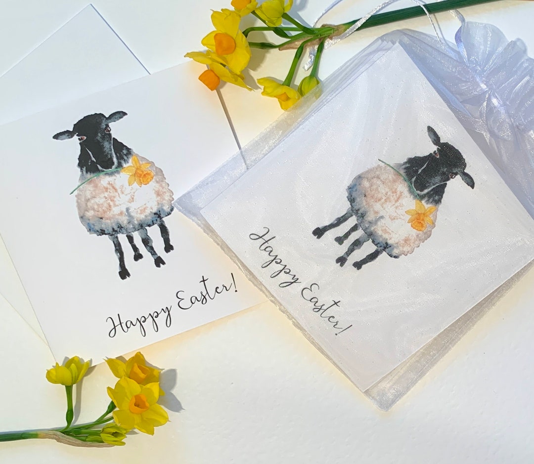 Pack Easter Cards. Cute Watercolour Sheep Holding a Daffodil. Happy ...