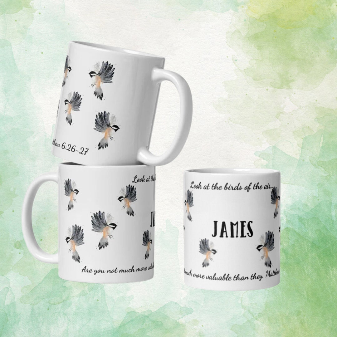 Personalised Bible Verse Mug, Look at the Birds, Are They Not More ...