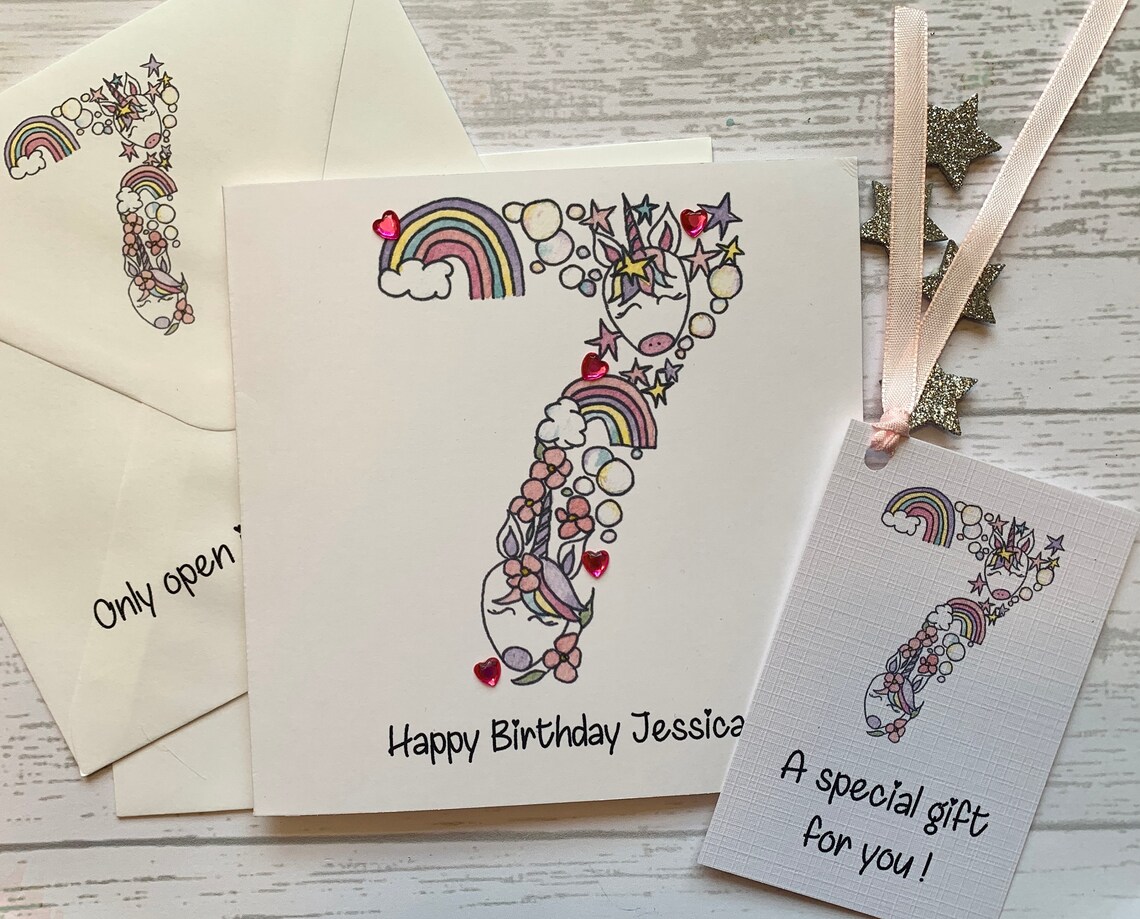 Unicorn Personalised 7th Birthday Card . Cartoon/doodle Style - Etsy