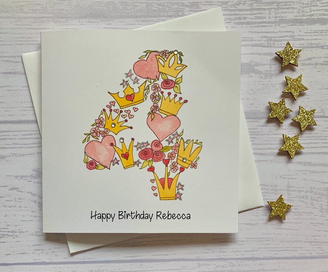Personalized Princess 4th Birthday Card: Watercolor Cartoon - Etsy UK
