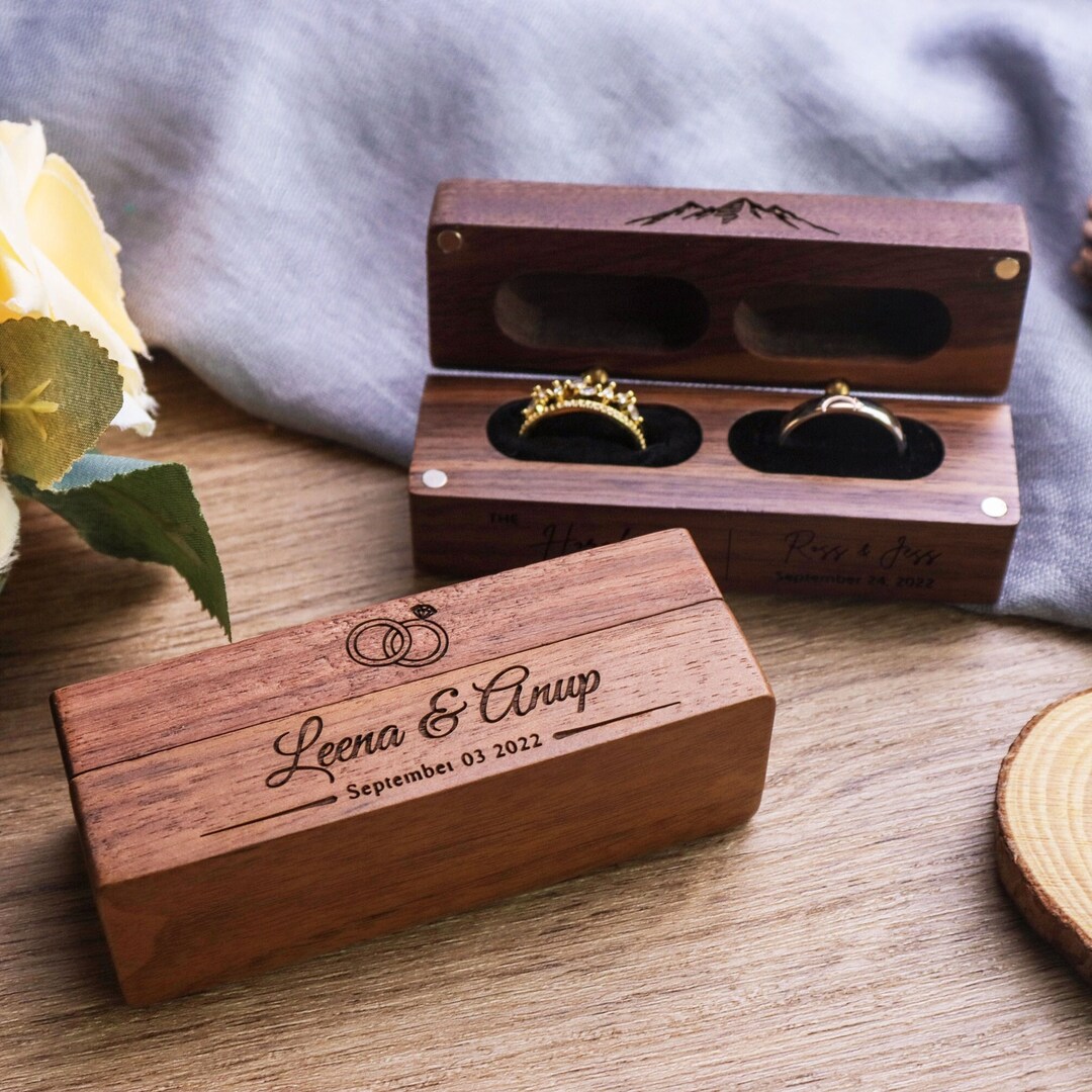 Wide Double Ring Box Slim Ring Storage for 2 Rings, Engraved Wood Ring ...