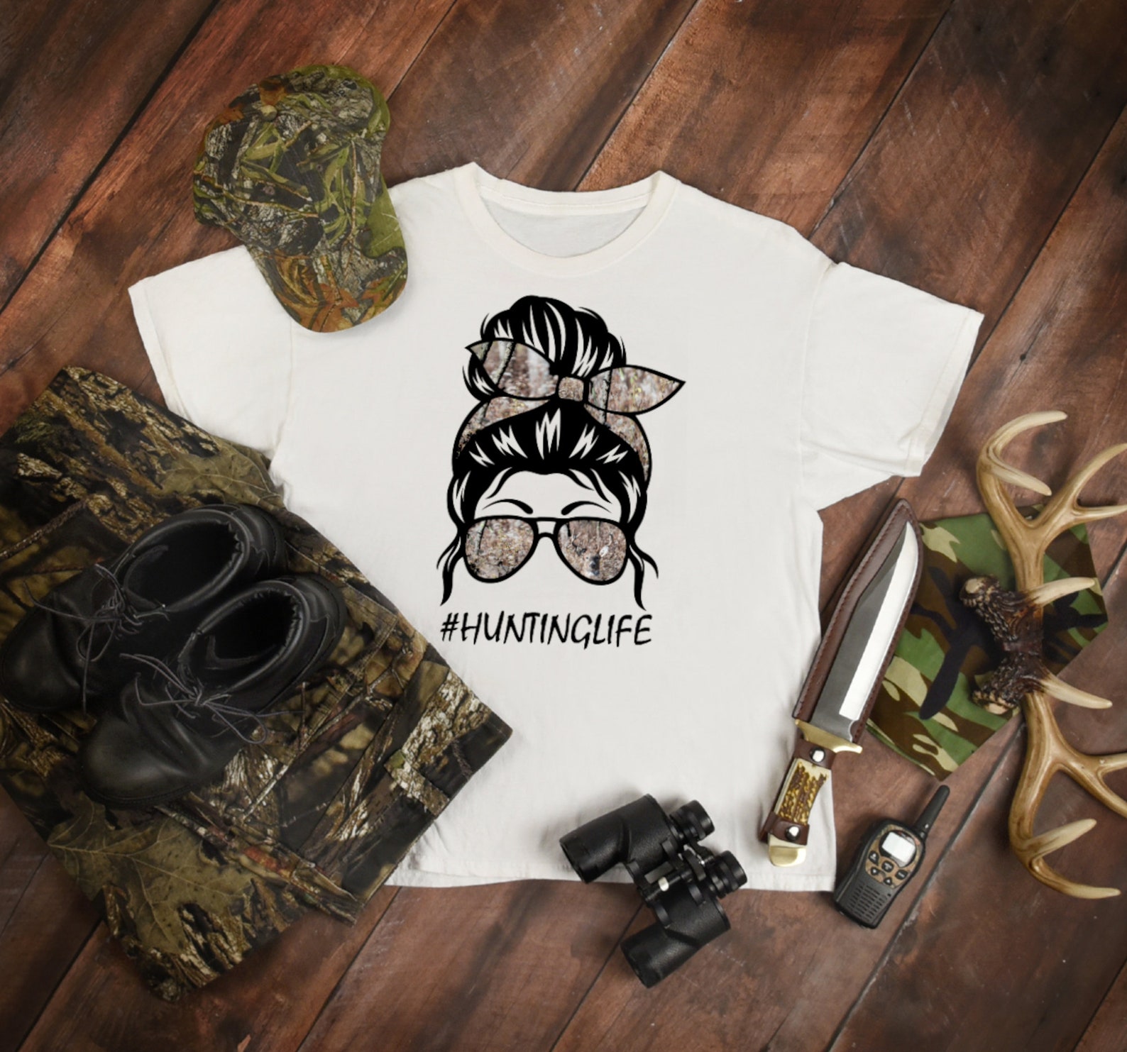 Messy Bun Hunting Life PNG Wooded Camo huntinglife - Etsy