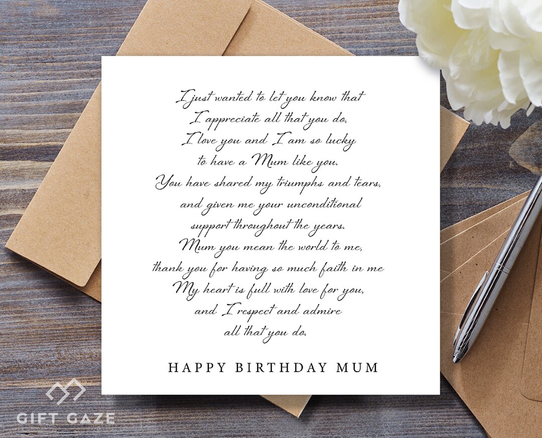 Sentimental Card for Mum Poem Card Mothers Day Card Mum Sentimental ...