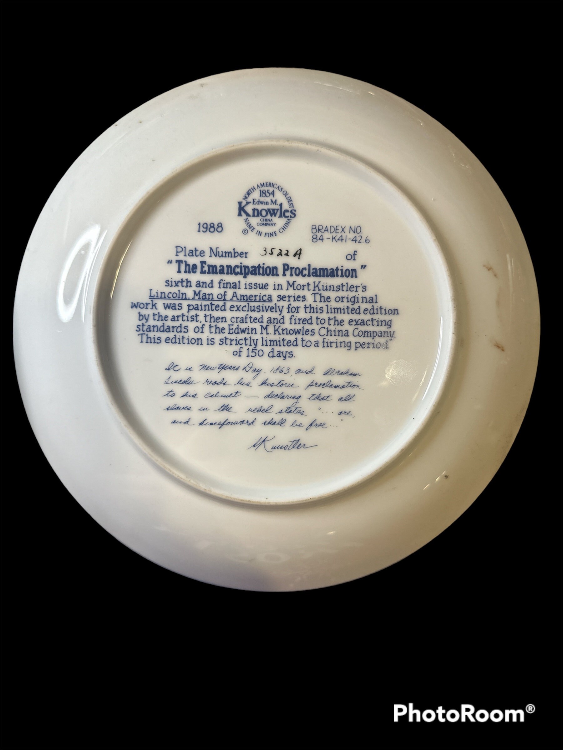 1988 Knowles China Co the Emancipation Proclamation Plate Bradex No 84 ...