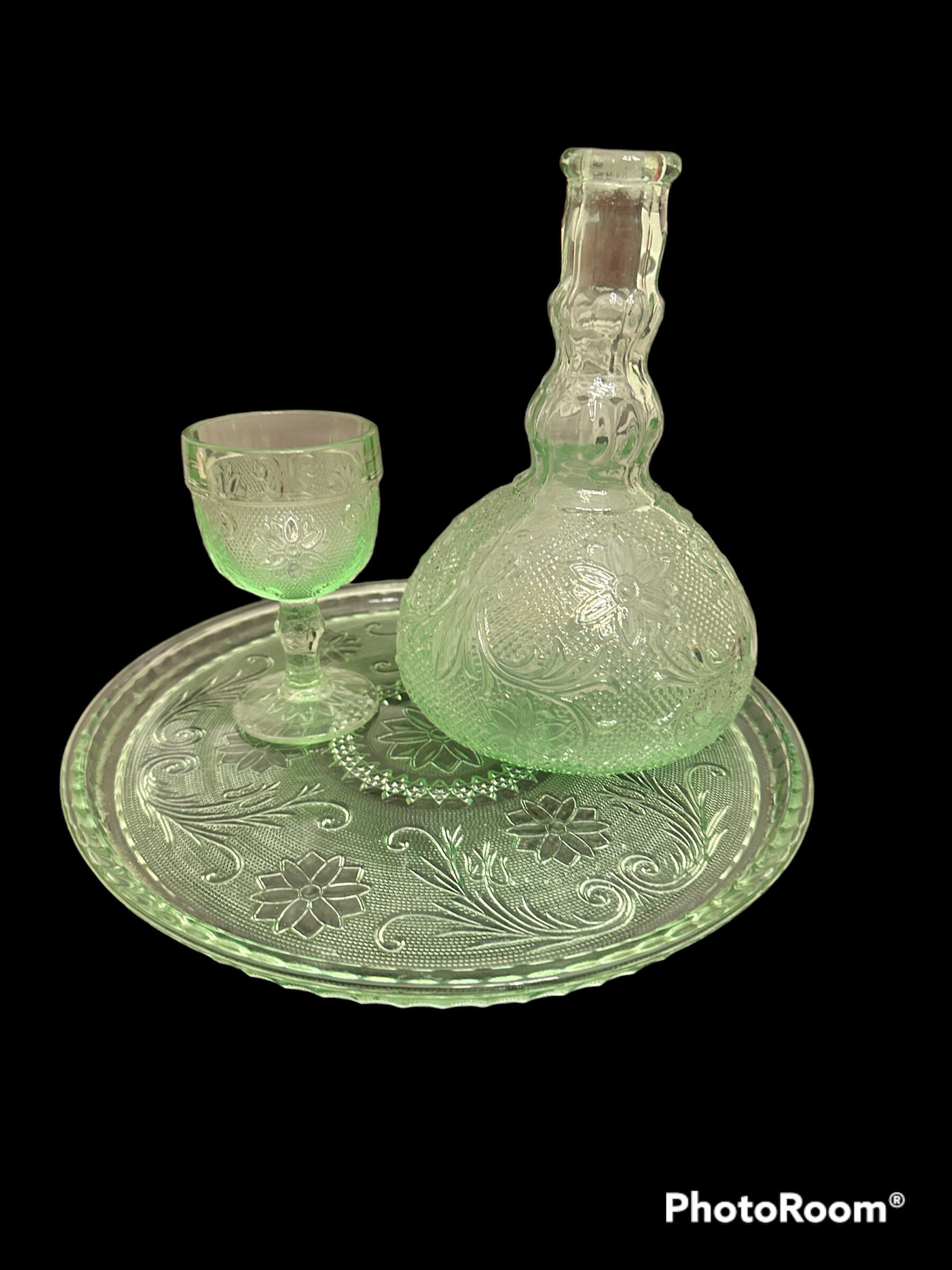 Indiana Glass Chantilly Lace Green Glass Decanter, Cordial and Platter ...