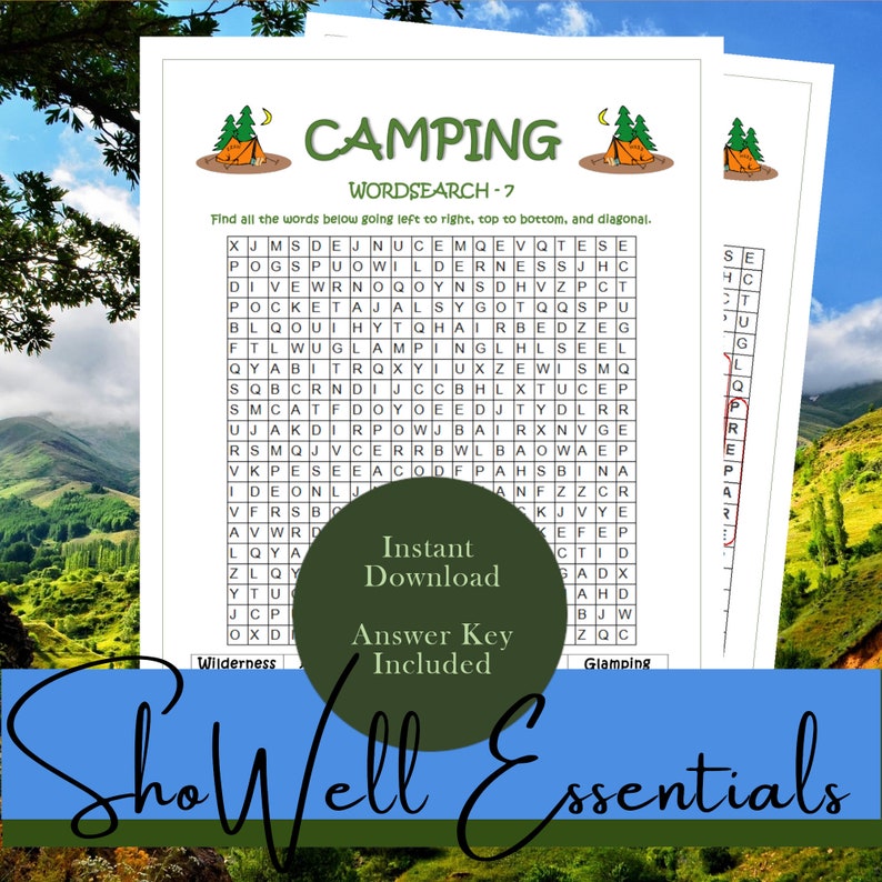 Camping 7 Word Search Campground Activities for Kids & Adults Party ...