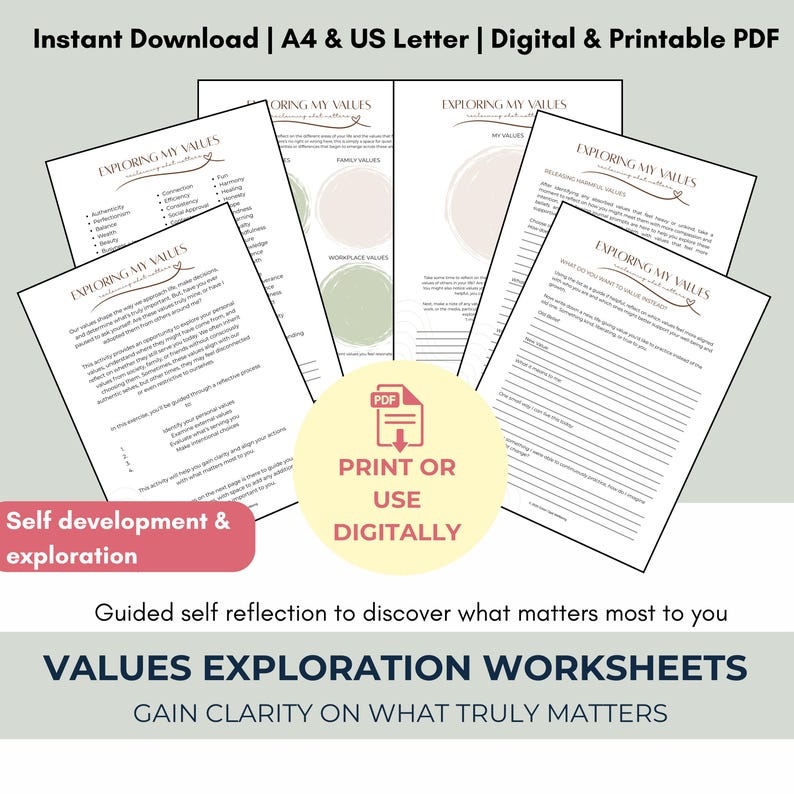 Values Exploration Worksheets, Self Discovery Guided Journal Prompts ...