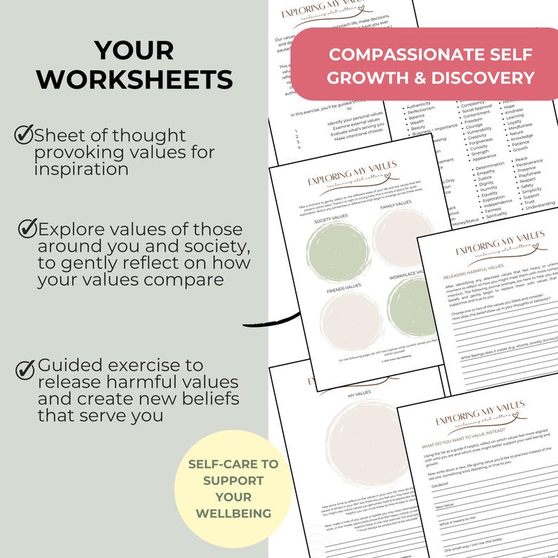 Values Exploration Worksheets, Self Discovery Guided Journal Prompts ...