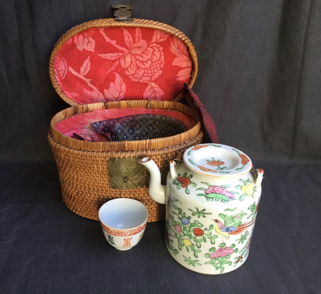 Antique Famille Rose canton Teapot With Cup in Basket - Etsy