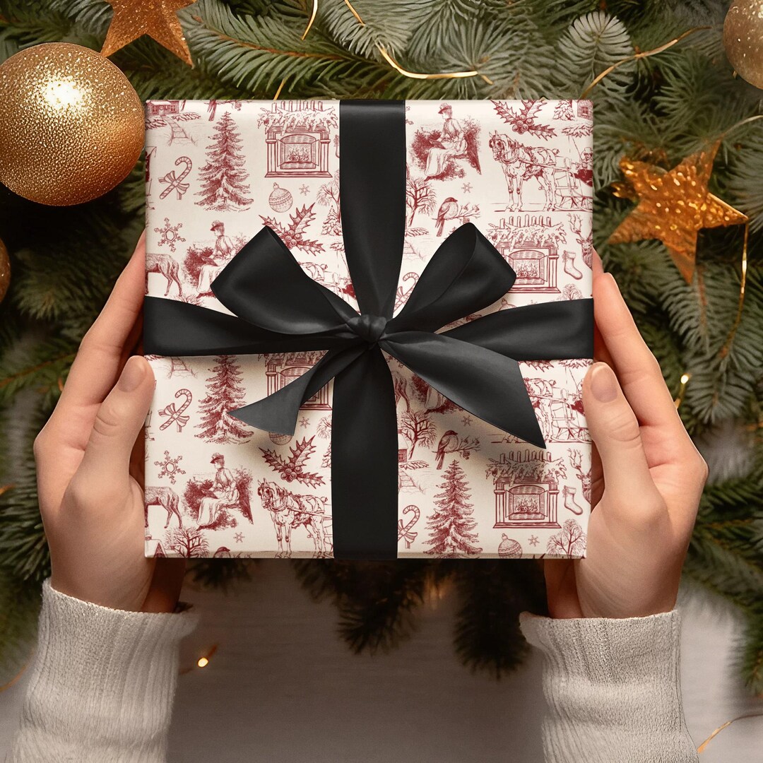 Burgundy Vintage Christmas Toile, Holiday Gift Wrapping Paper Roll ...