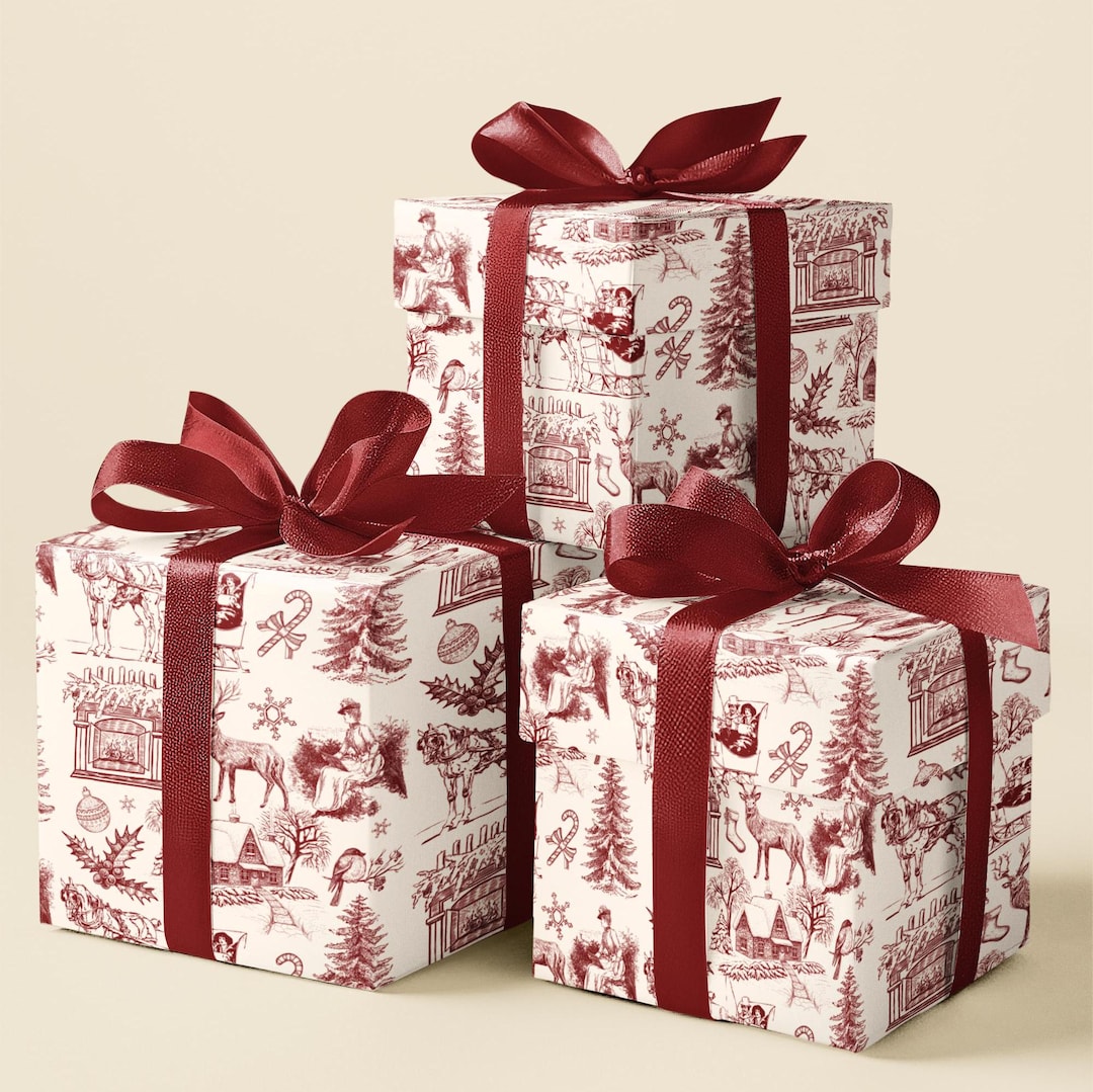 Vintage Christmas Toile Burgundy Gift Wrapping Paper Roll - Red, Green ...