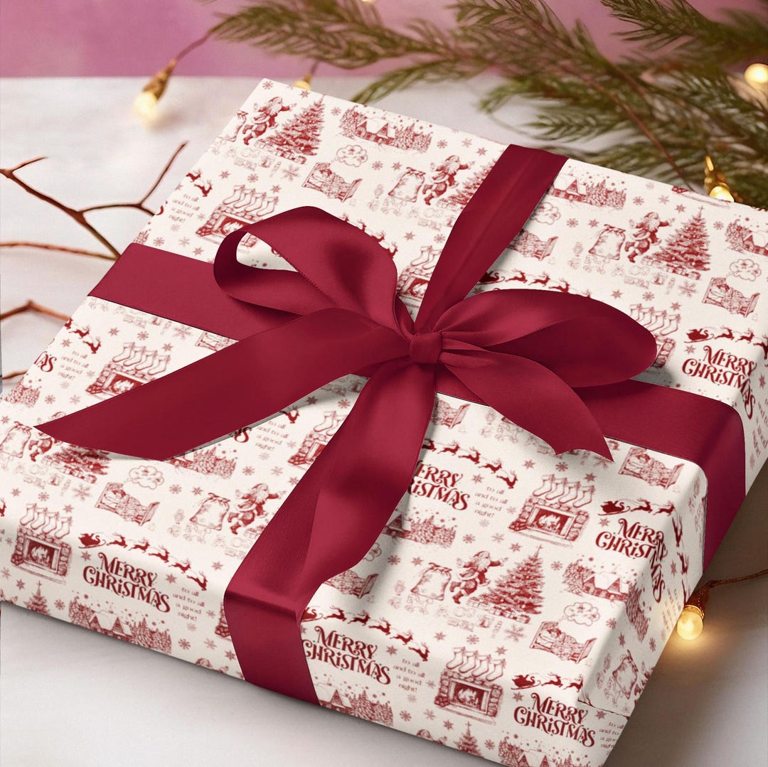 Burgundy Vintage Santa Christmas Gift Wrap, Toile Twas the Night Before ...