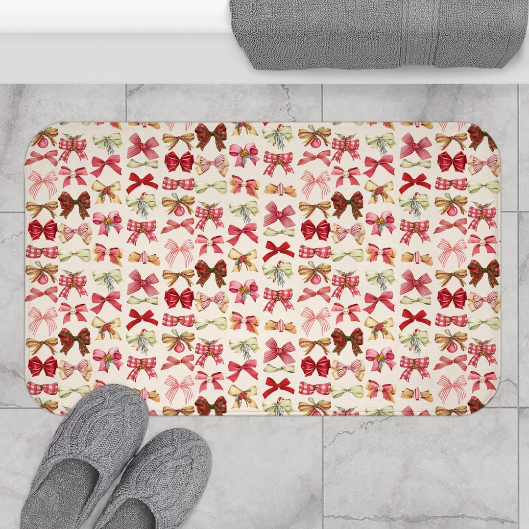 Christmas Bath Mat Vintage Red Bows, Holiday Home Decor, Bathroom ...