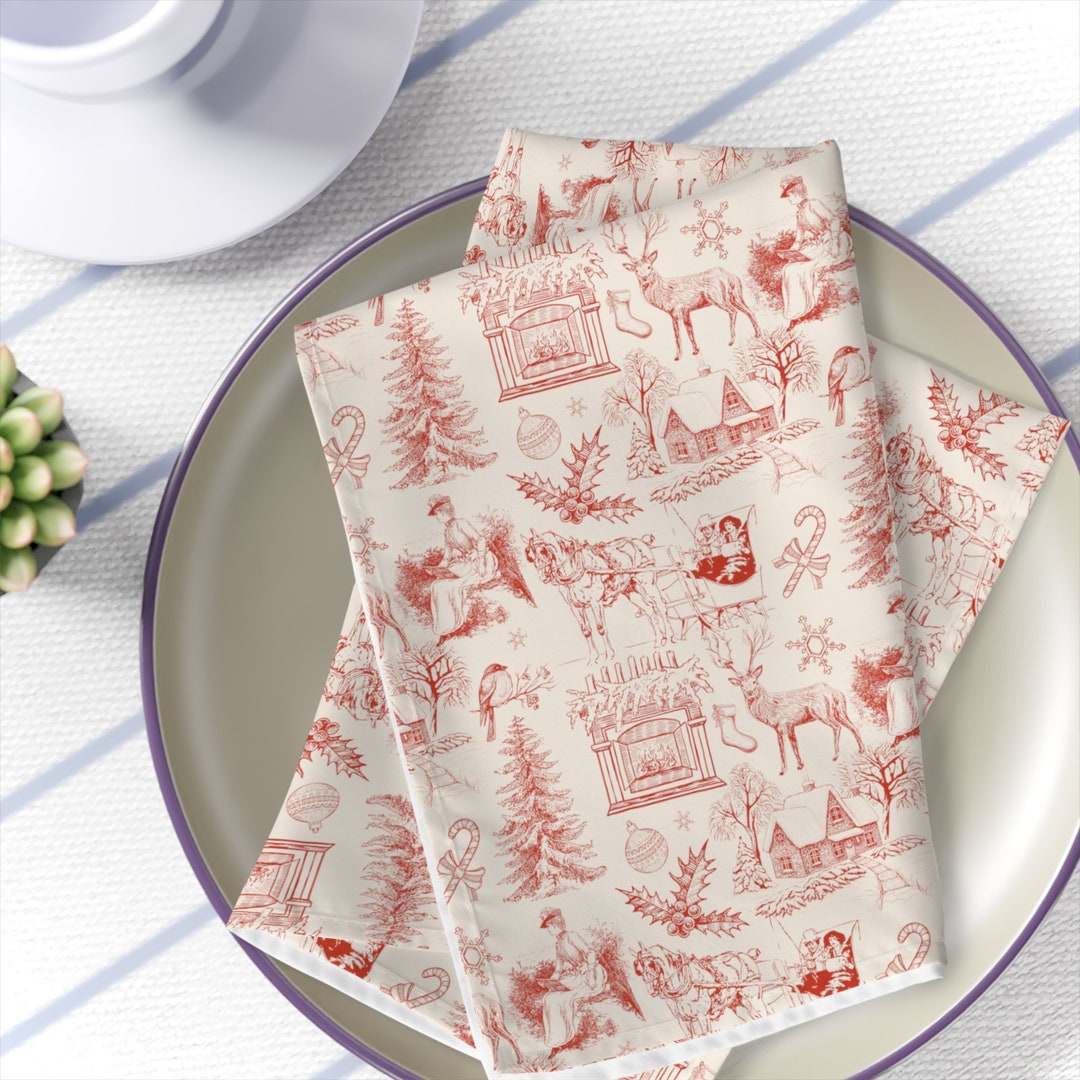Vintage Christmas Toile Napkins Fabric, Set of 4 - Etsy