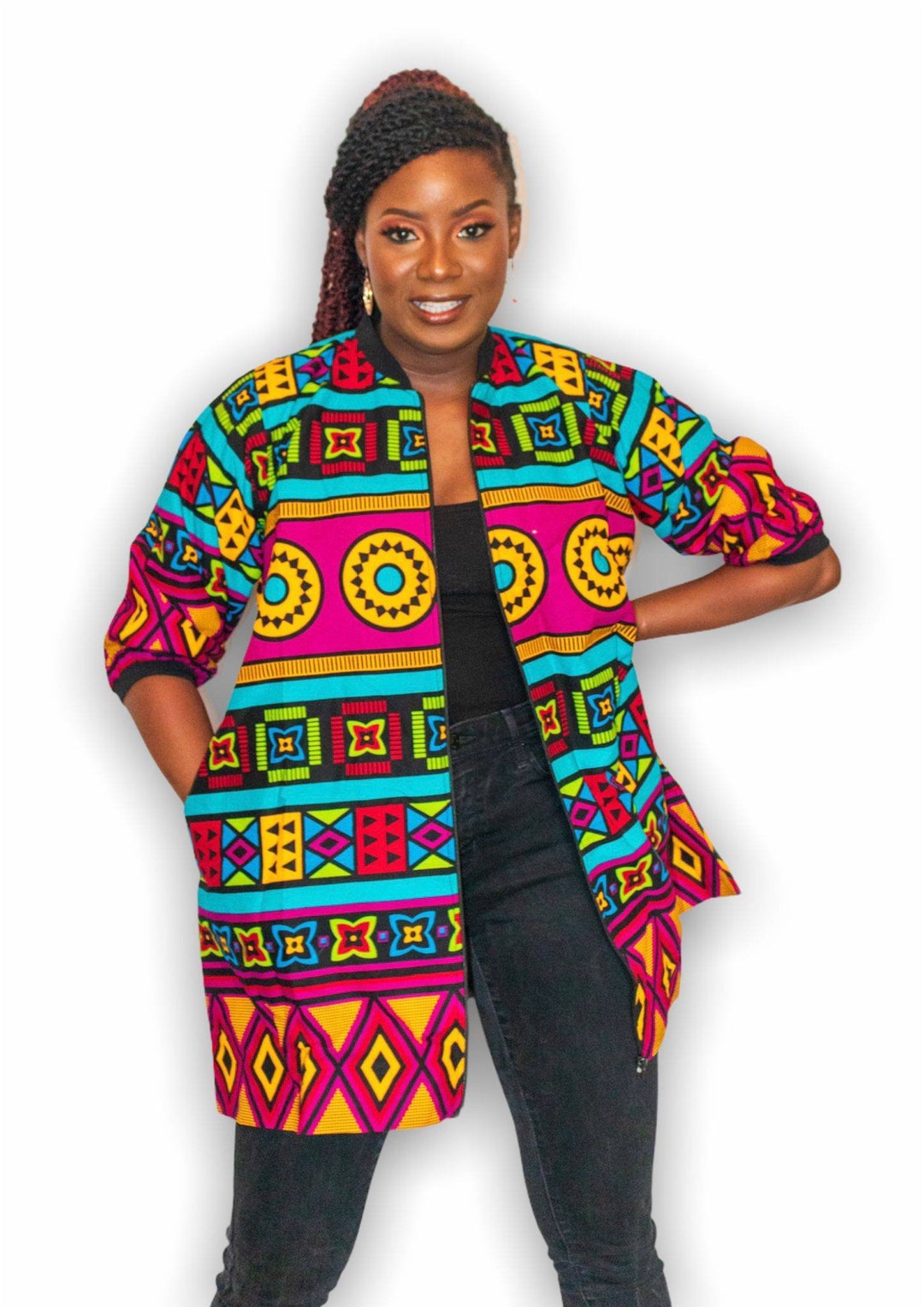 Versatile Ankara Lined Jacket With Elbow Length Sleeves and Front ...