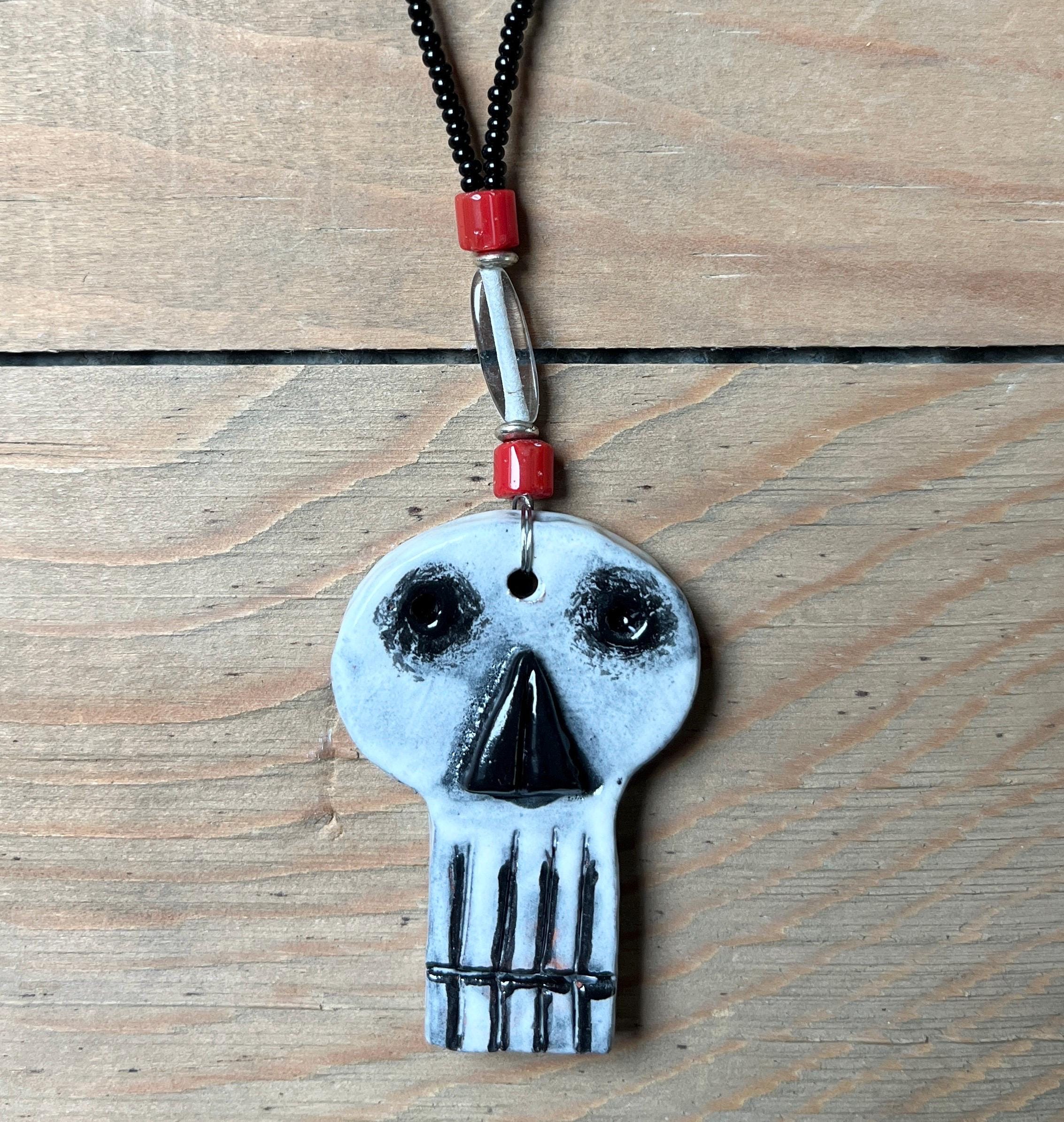 Cute and Scary Handmade Ceramic Skull Pendant With Handbeaded Necklace ...