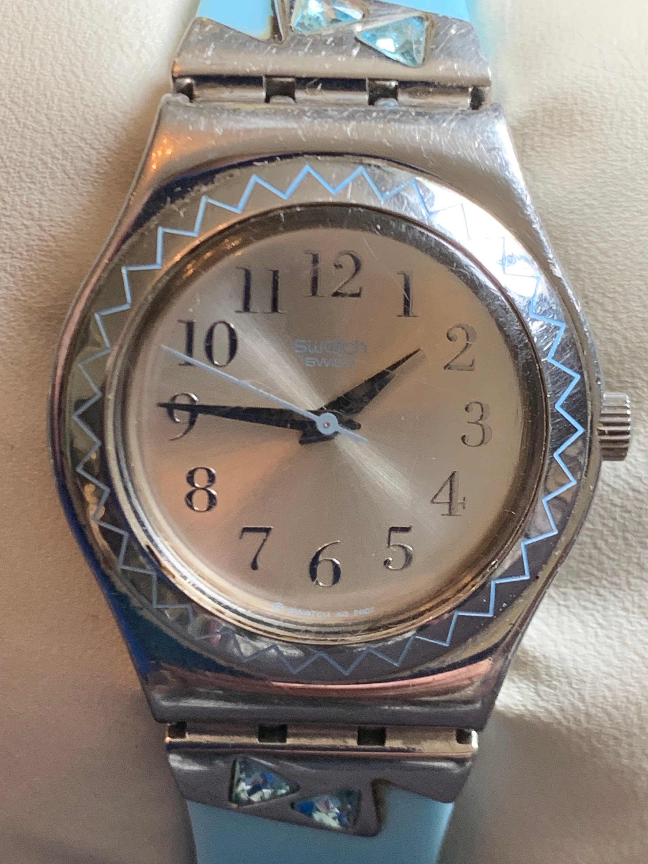 Vintage Swatch Irony Stainless Steel Ladies Silver Tone Watch With Blue ...