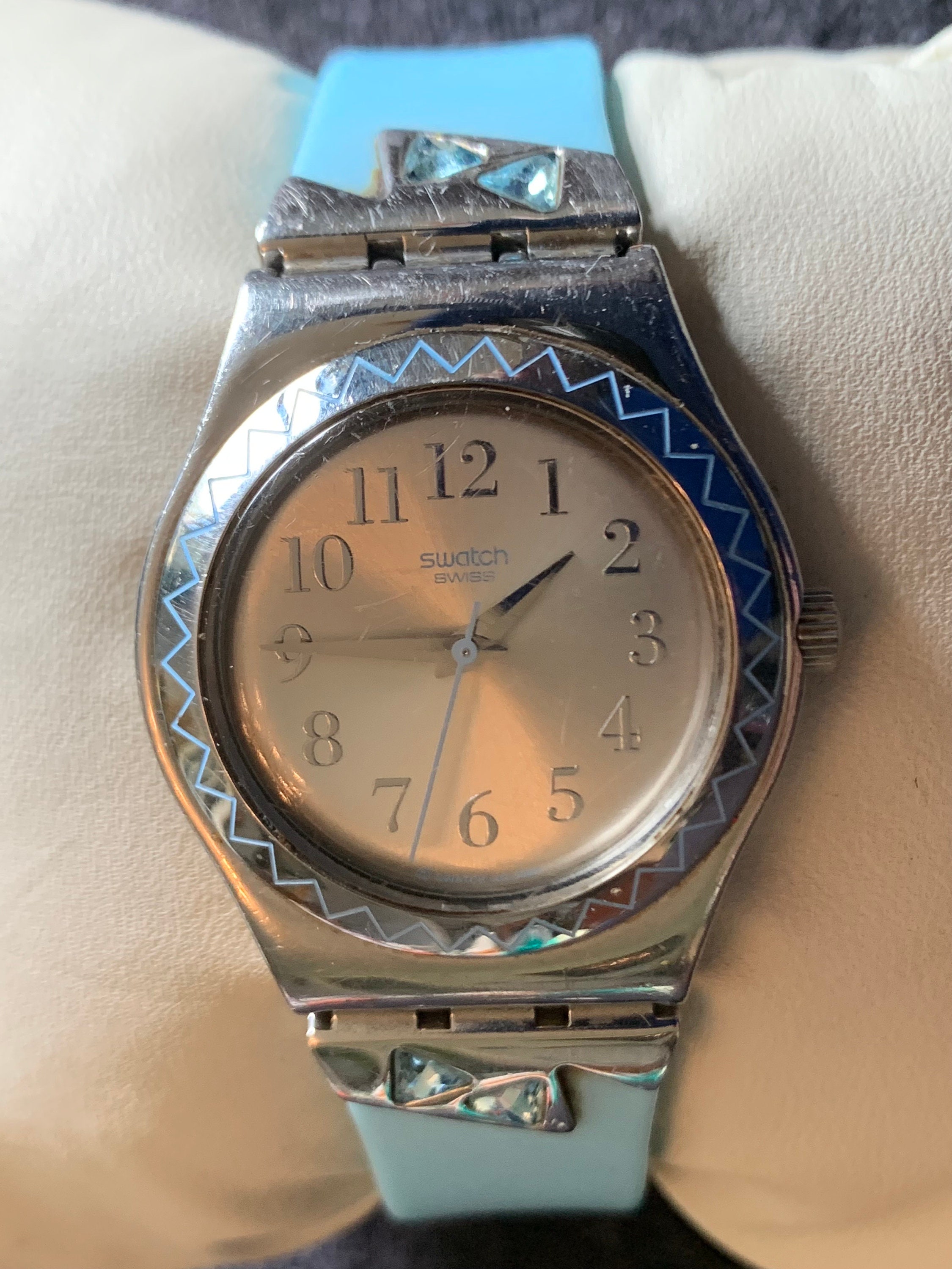 Vintage Swatch Irony Stainless Steel Ladies Silver Tone Watch With Blue ...