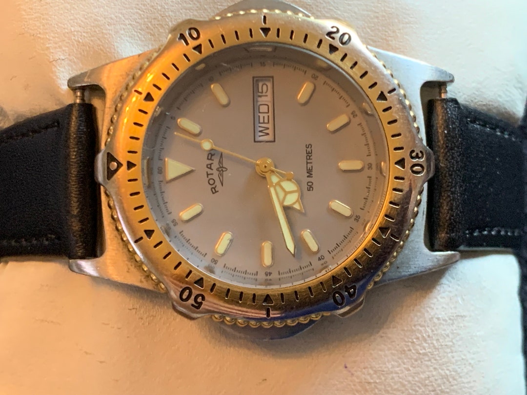 Vintage Mens Rotary G3041 Divers Style Brushed Steel and Gold Plated ...