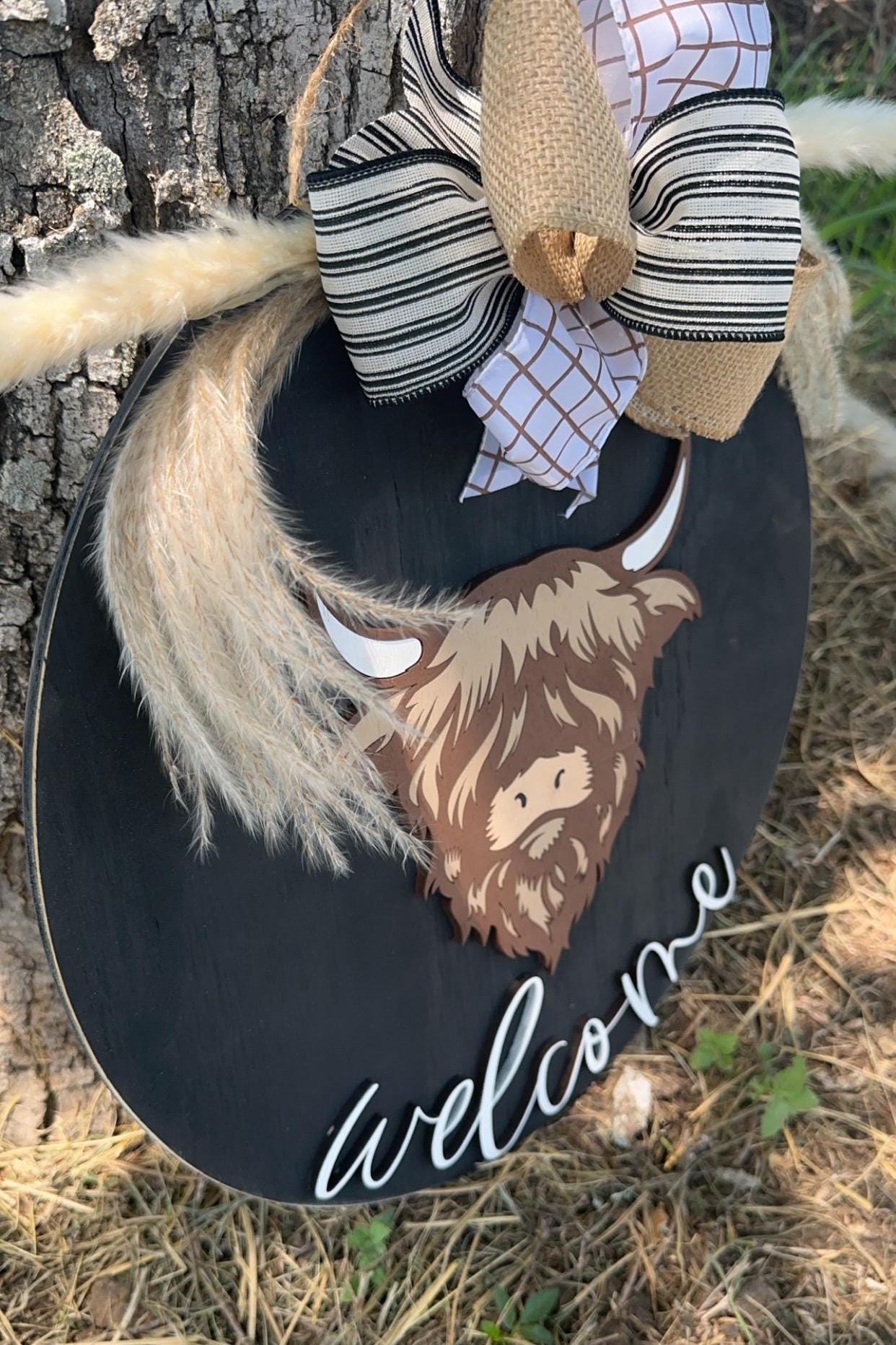 Highland Cow Door Hanger, Highland Cow Decor, Rustic Farmhouse Decor ...
