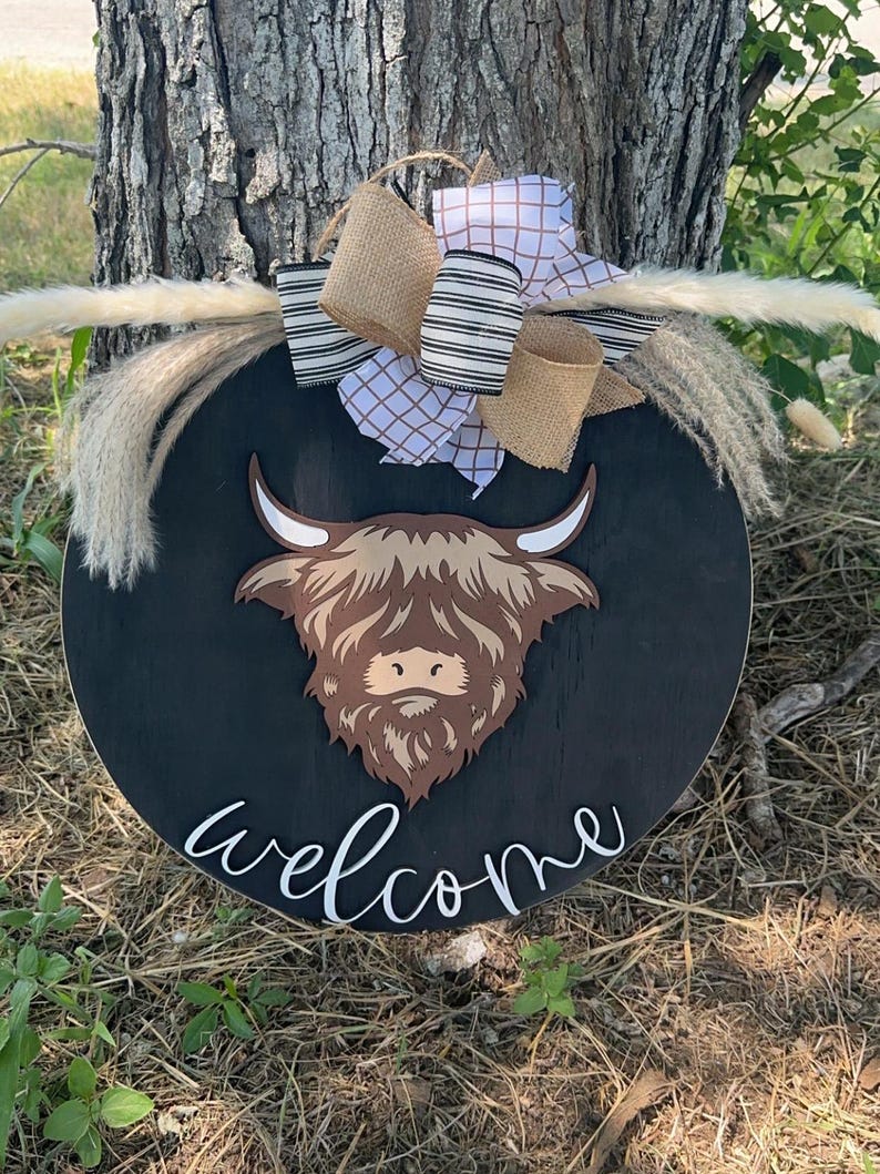 Highland Cow Door Hanger, Highland Cow Decor, Rustic Farmhouse Decor ...