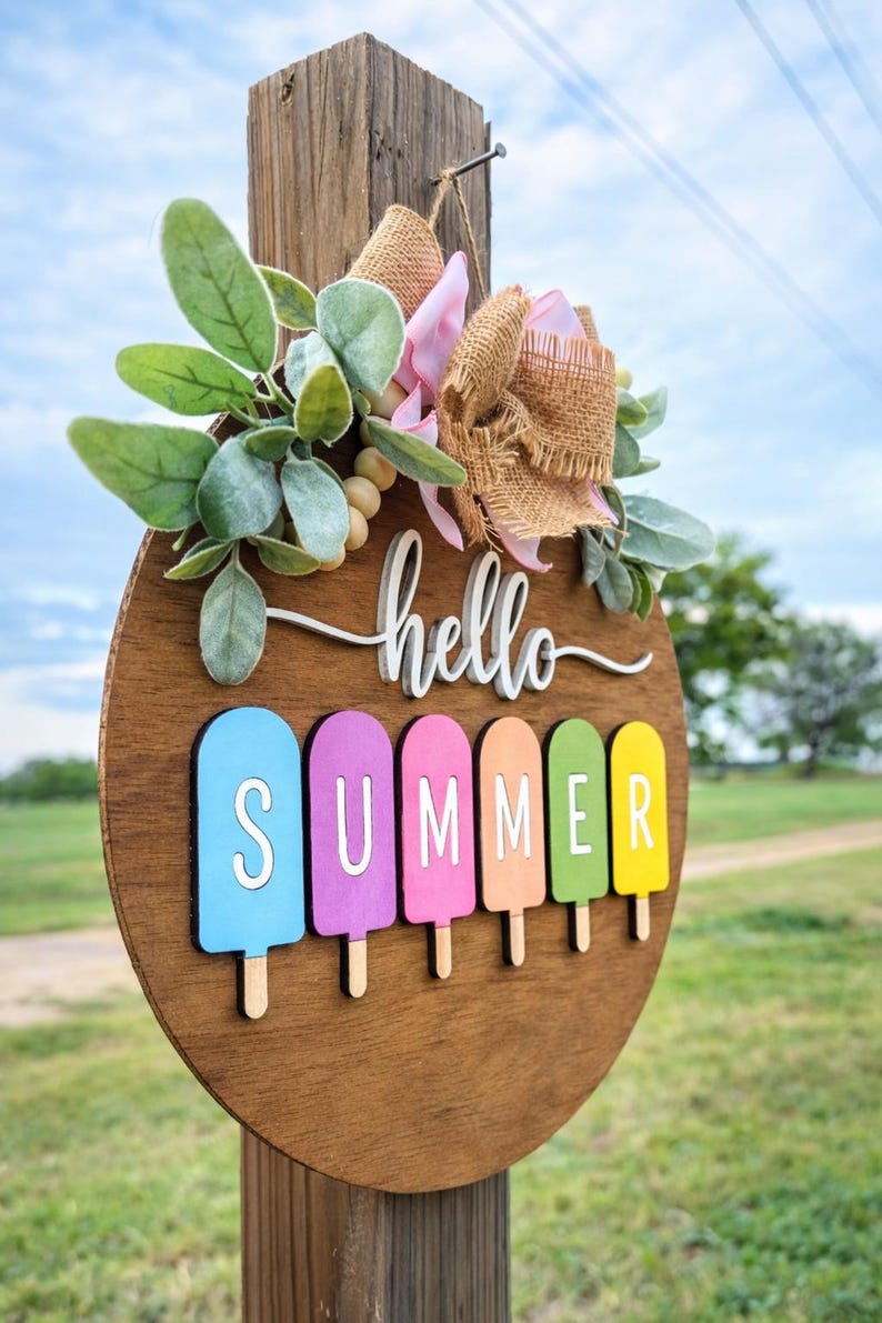Hello Summer Popsicle Door Hanger, Farmhouse Wooden Sign - Etsy
