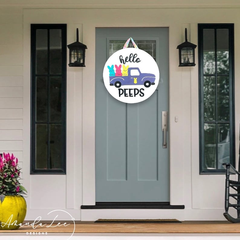 Easter Door Hanger, Hello Peeps!, Wooden Sign, Farmhouse Spring Decor ...