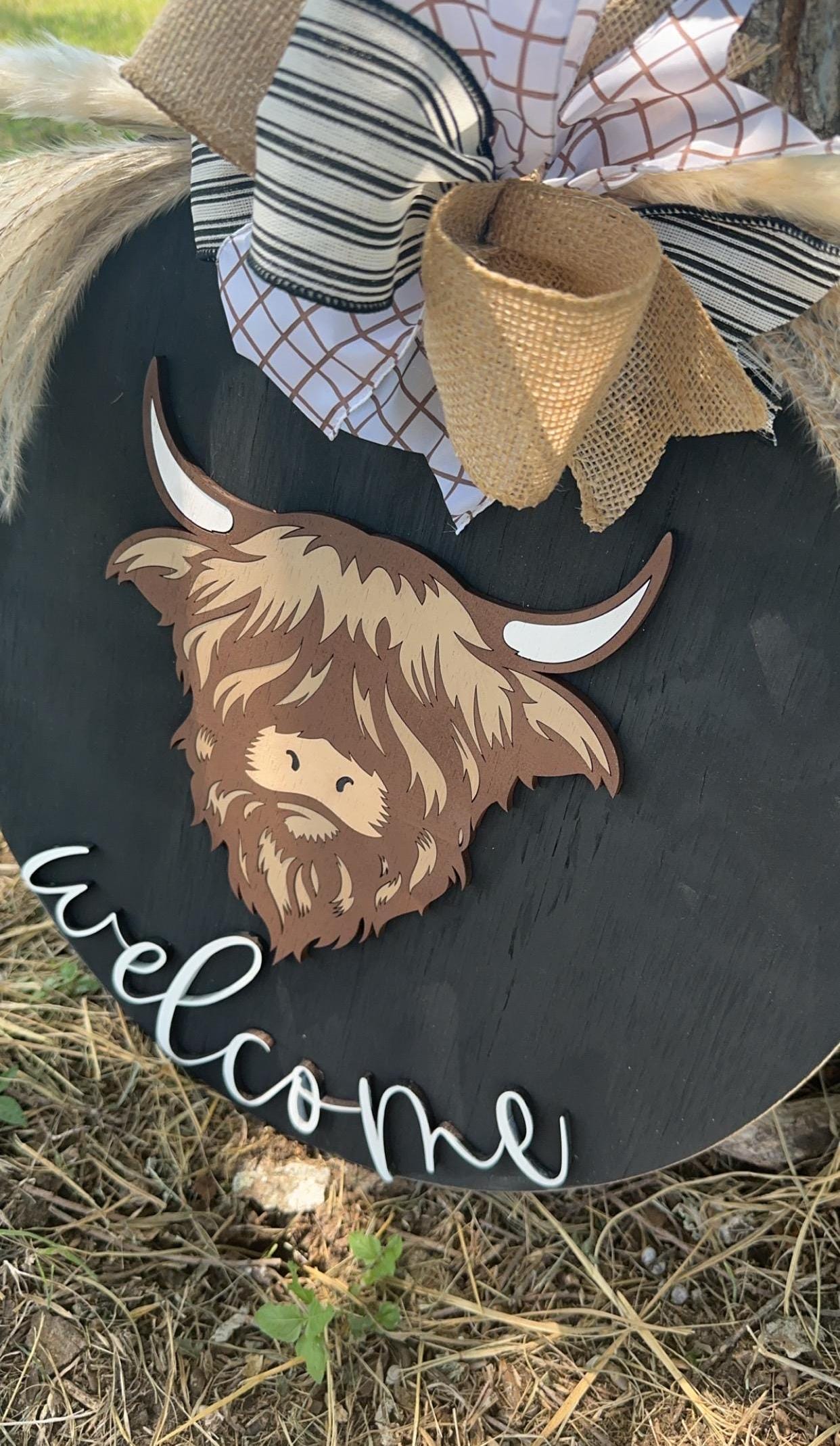 Highland Cow Door Hanger, Highland Cow Decor, Rustic Farmhouse Decor ...
