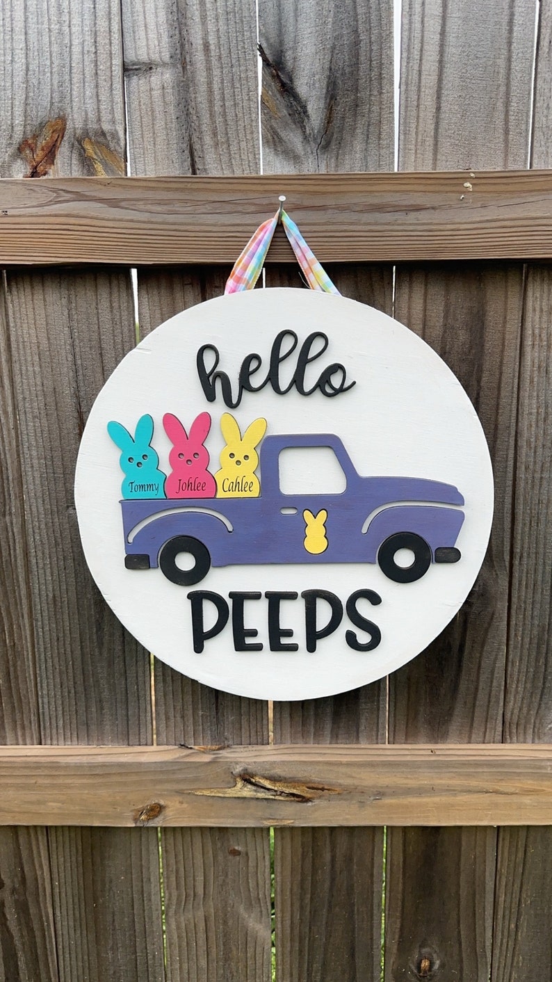 Easter Door Hanger, Hello Peeps!, Wooden Sign, Farmhouse Spring Decor ...