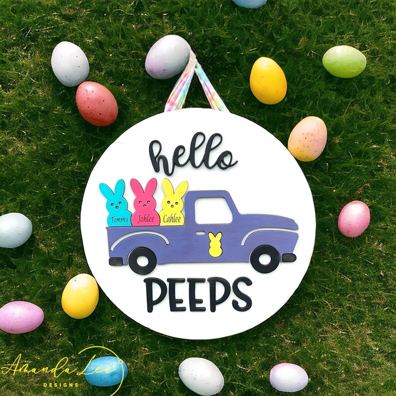 Easter Door Hanger, Hello Peeps!, Wooden Sign, Farmhouse Spring Decor ...