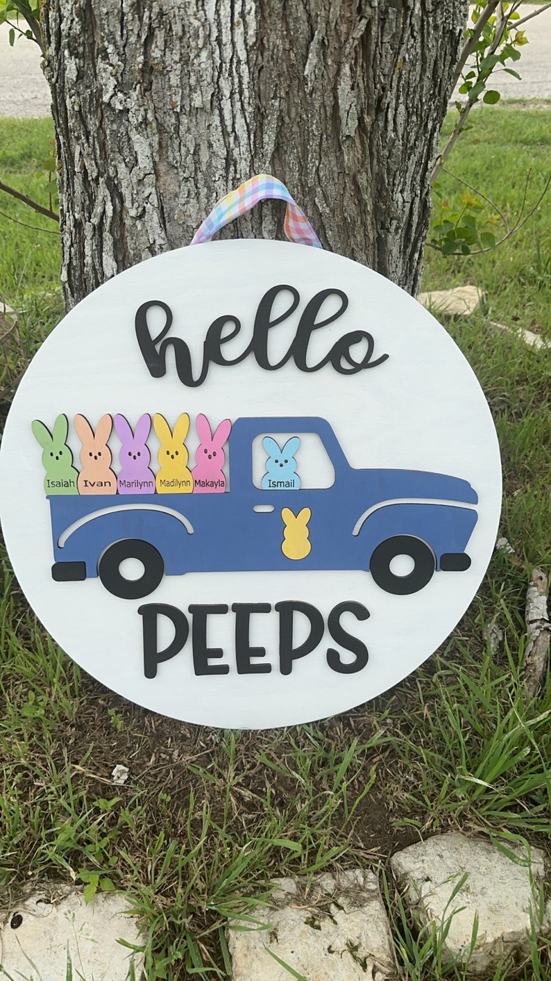 Easter Door Hanger, Hello Peeps!, Wooden Sign, Farmhouse Spring Decor ...