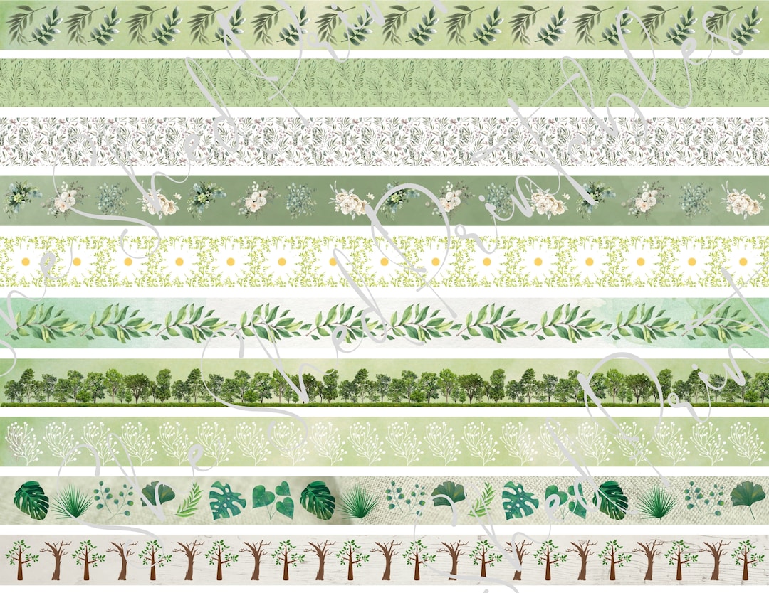 Green Botanical Digital Washi Tape, Digital Download, Embellishment ...