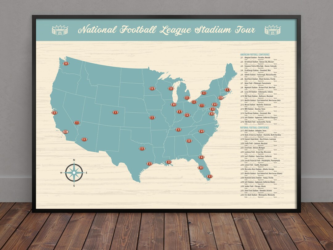 Football Stadium Map NFL Stadium Checklist Football Sports Map National ...