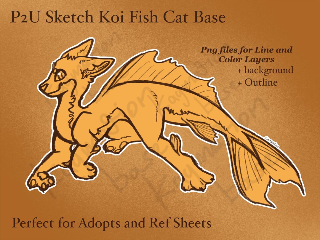Cute P2U Sketch Koi Fish Cat Furry Fursona Base Png Lineart and Color ...