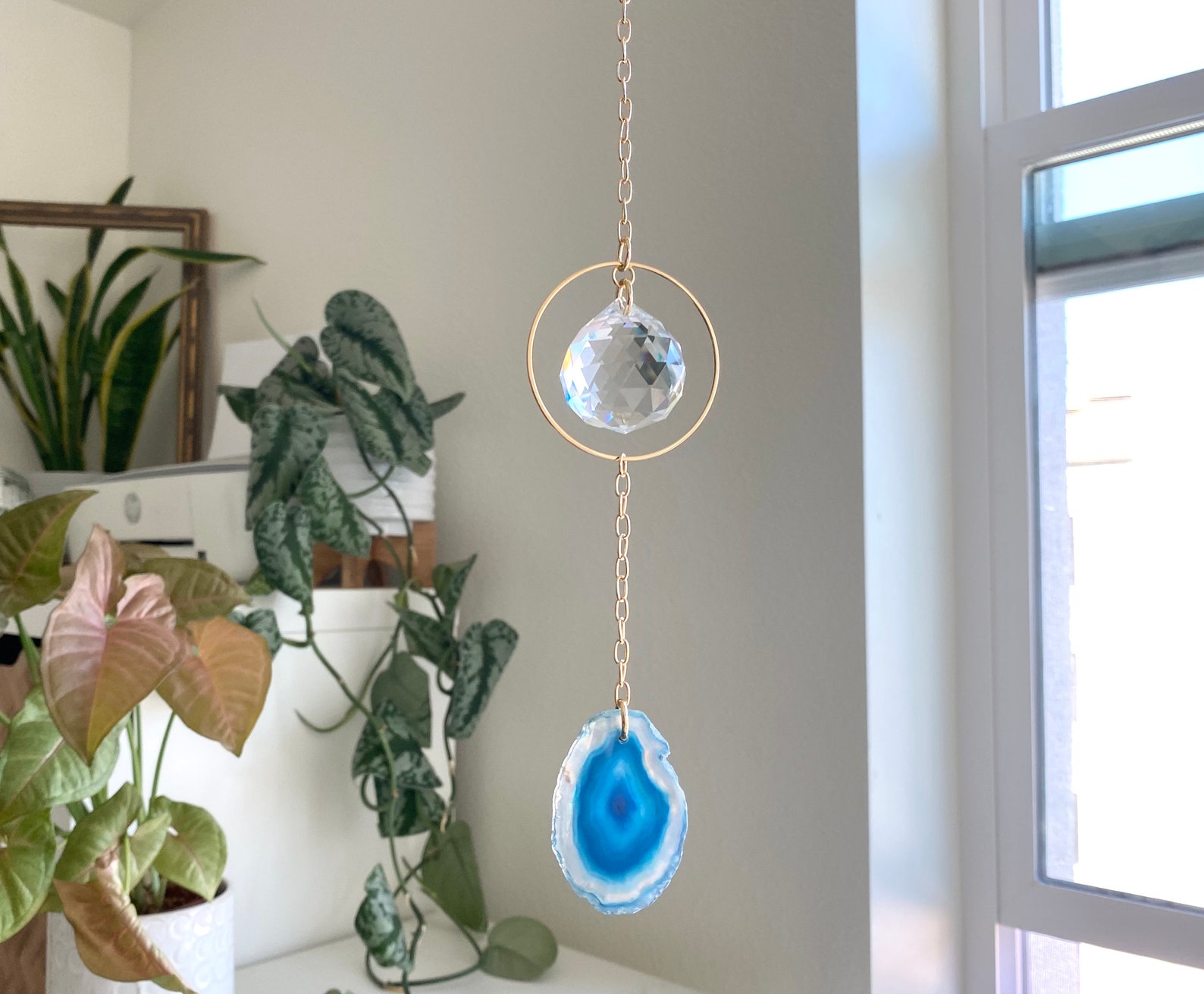 Blue Small Agate Crystal Suncatcher gold Rainbow Maker - Etsy